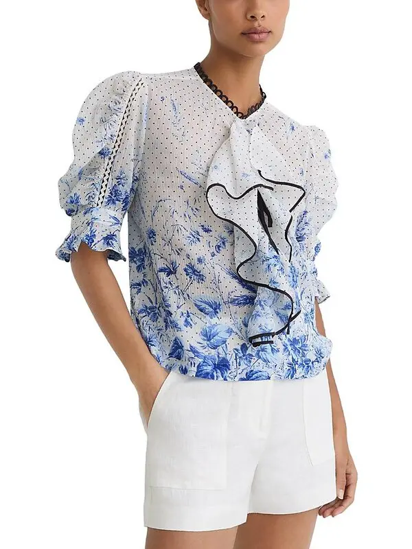 REISS Ruffle Printed Blouse - Ivory/blue