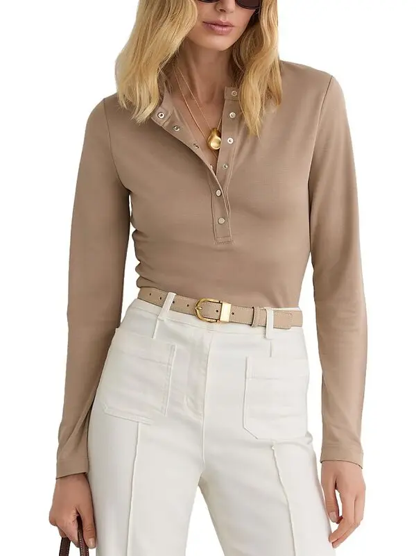 REISS Alina Knit Top With Button Detail - Camel