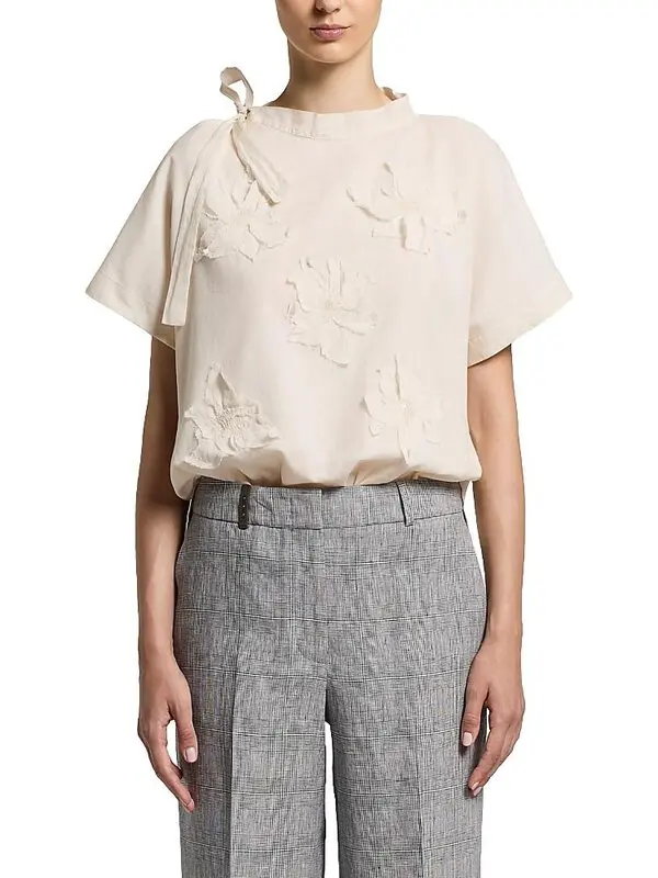 Peserico Sash Neck Applique Top - Pampas Flower White
