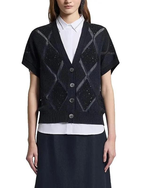 Peserico Sequin Argyle Short Sleeve Cardigan - Ink