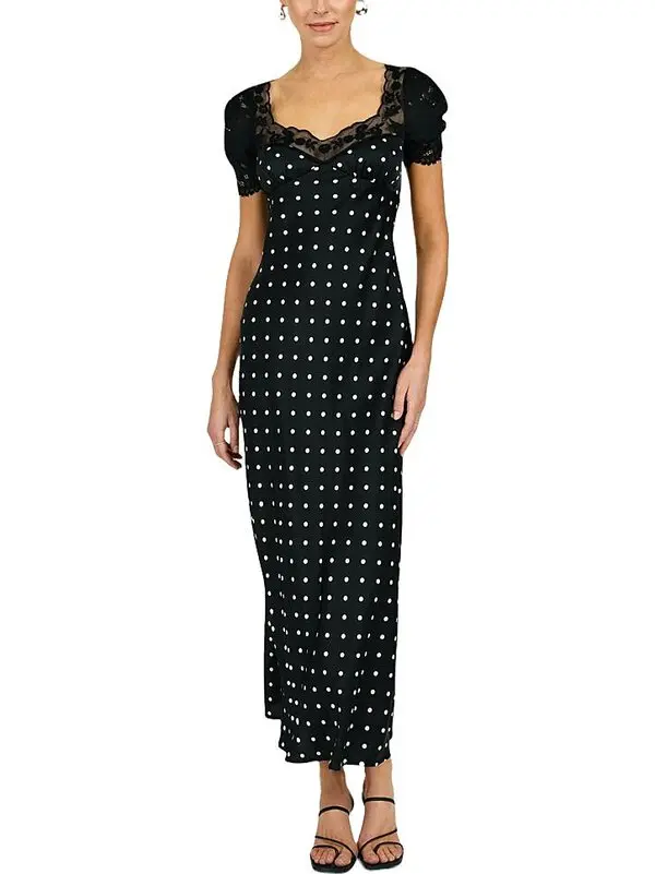 Line & Dot Sophie Maxi Dress With Lace Trim And Polka Dot Print - Black