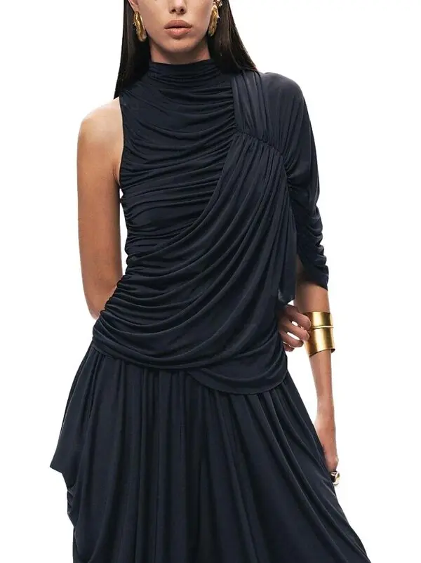 NOCTURNE Asymmetric Draped Blouse - Black