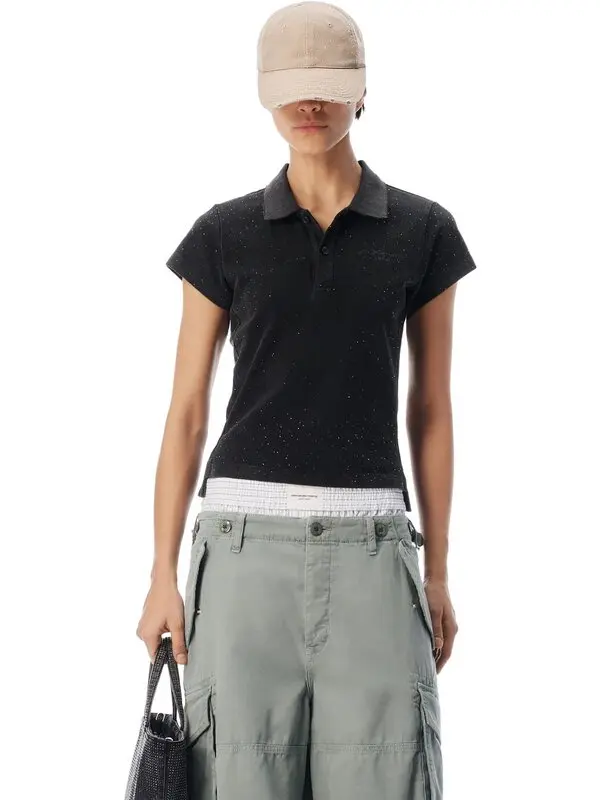 Alexander Wang Crystal Embellished Polo Tee - Washed Black