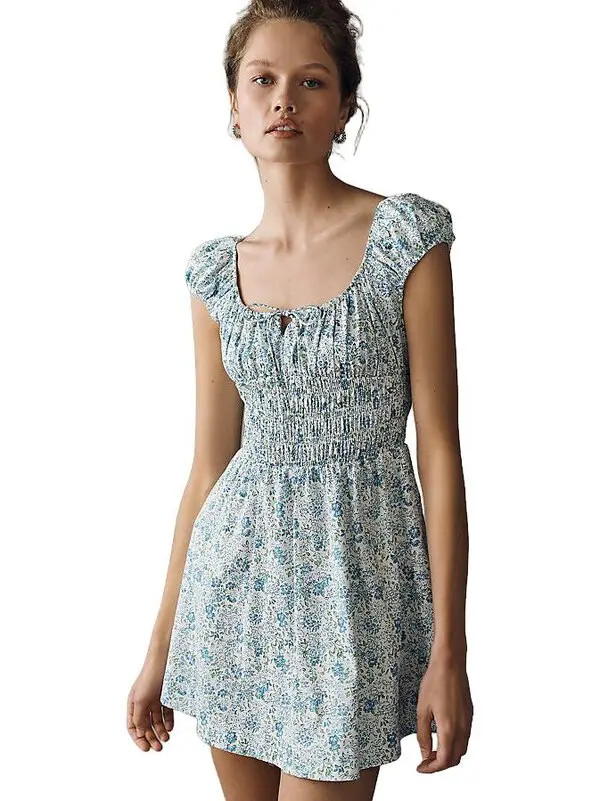 Anthropologie Cotton Smocked Mini Dress - Blue Pattern