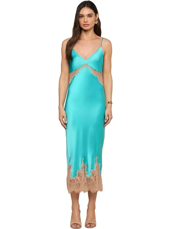 L'Agence Silk Lace Midi Dress - Cyan/cappuccino