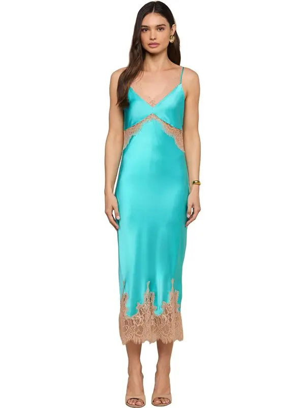 L'Agence Silk Lace Midi Dress - Cyan/cappuccino