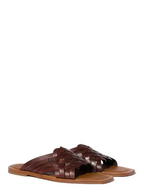 Miu Miu Brown Woven Leather Slides - Caffe'