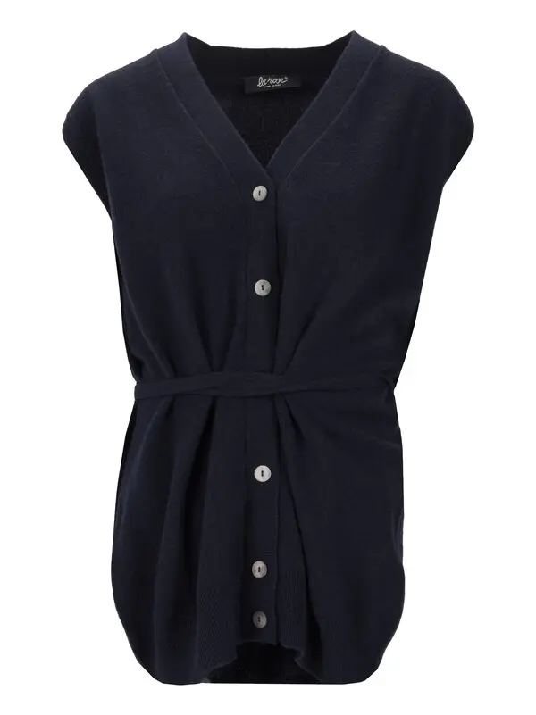 LA ROSE V-neck Cashmere Cardigan With Belt - Blue Navy