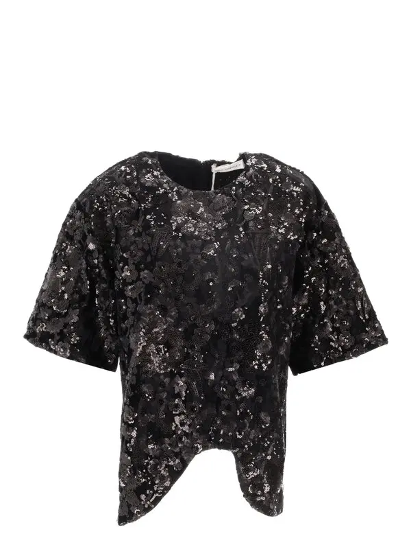 NICCOLO PASQUALETTI Floral Sequin Embroidered Velvet Top - Black