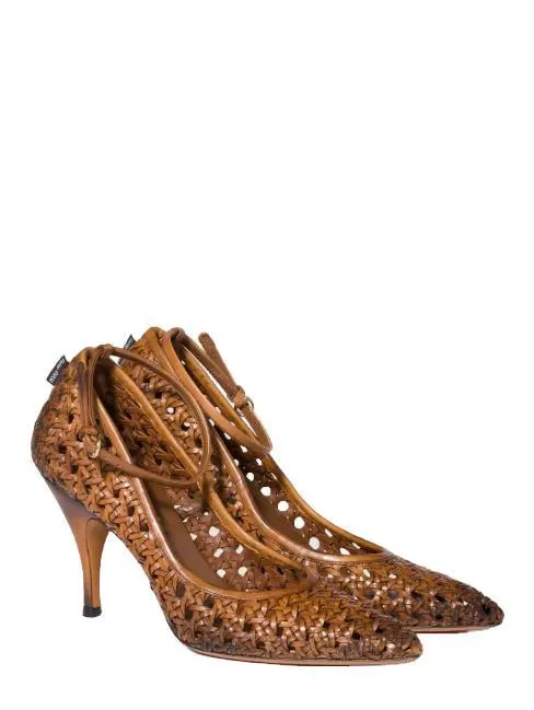Miu Miu Woven Leather High Heel Pumps - Cognac