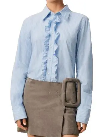 Ami Fitted Long Sleeve Shirt With Jabot Detail - Bleucachemire/blanc
