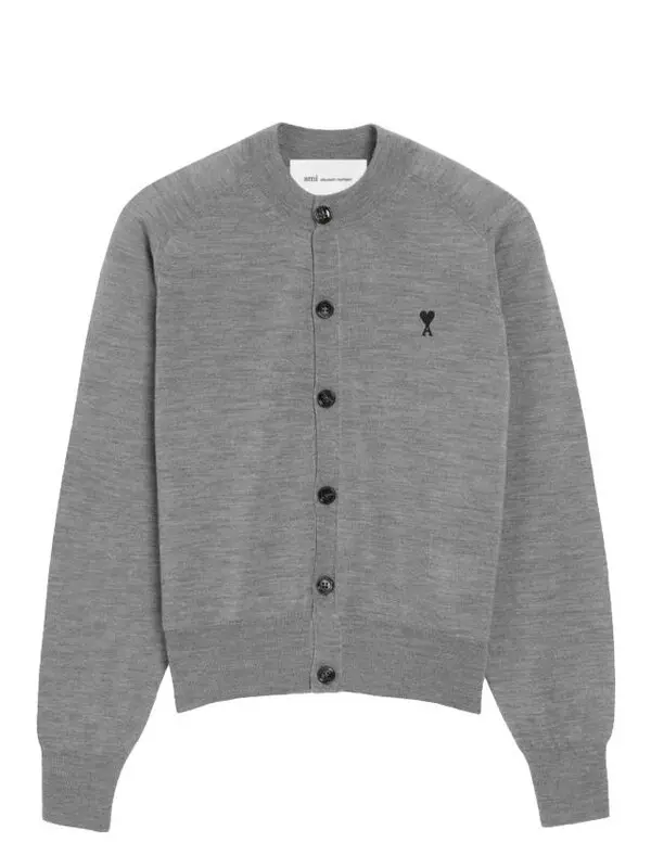 Ami Round Neck Cardigan With Contrast Heart Applique - Grischine/noir