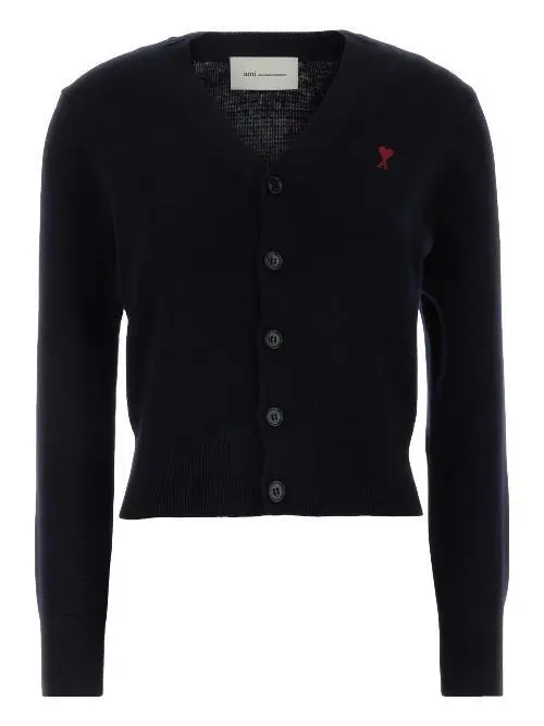 Ami Cardigan With Contrast Heart Applique - Marine/rouge