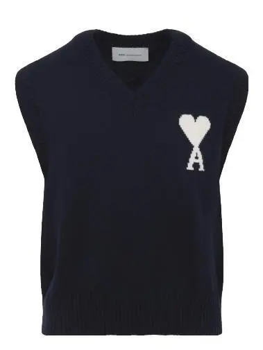 Ami Sleeveless V-neck Sweater With Heart Logo - Encre/ecru