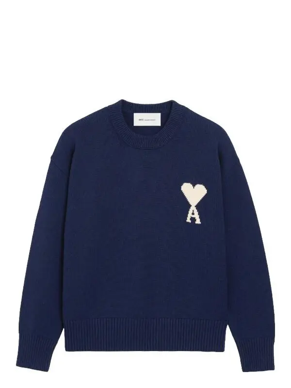 Ami Crewneck Sweater With Contrast Heart Logo - Encre/ecru