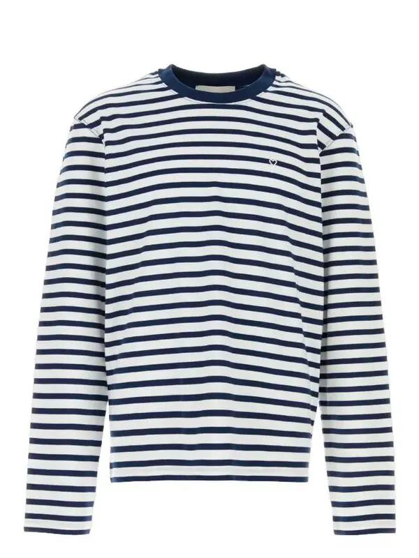 Ami Long Sleeve Boxy Fit Breton T-shirt With Heart Patch - Encre/blanc