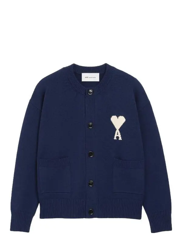 Ami Round Neck Cardigan With Contrast Heart Applique - Encre/ecru
