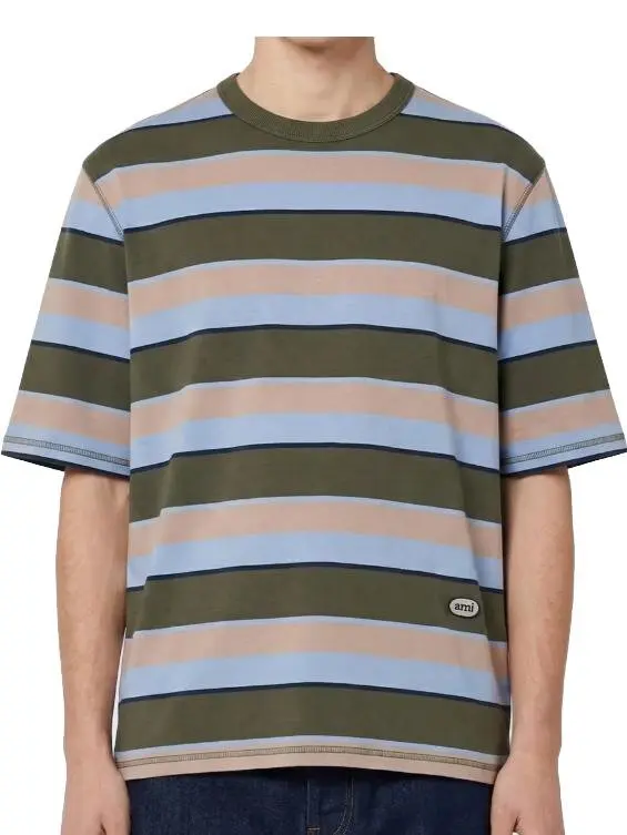 Ami Oversized Striped T-shirt With Oval Patch - Bleucach/kaki/taupe/encre