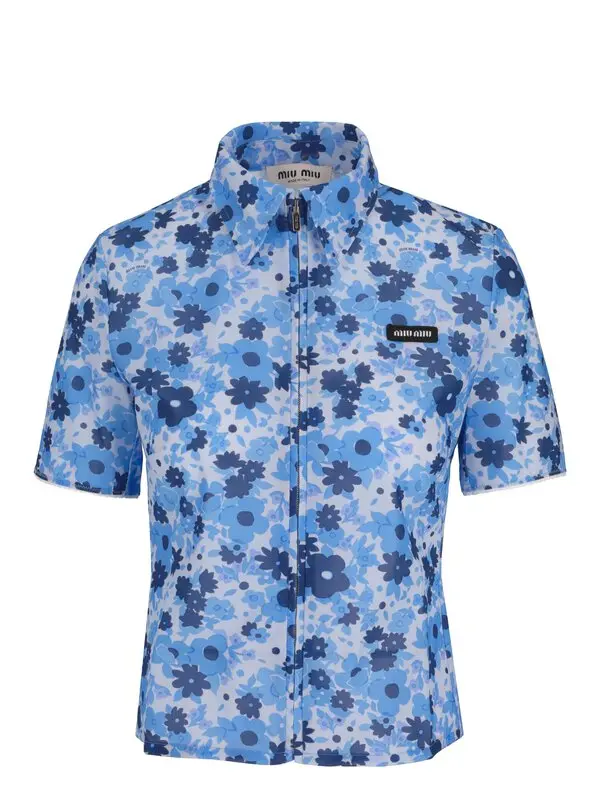 Miu Miu Floral Print Zip-up Shirt - Azzurro