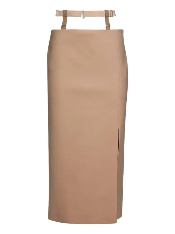 MUGLER Belted Slit Tailored Skirt - Tan