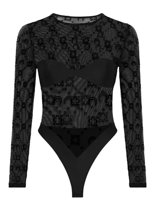MARINE SERRE Moonogram Mesh Flocked Long Sleeve Bodysuit - Black