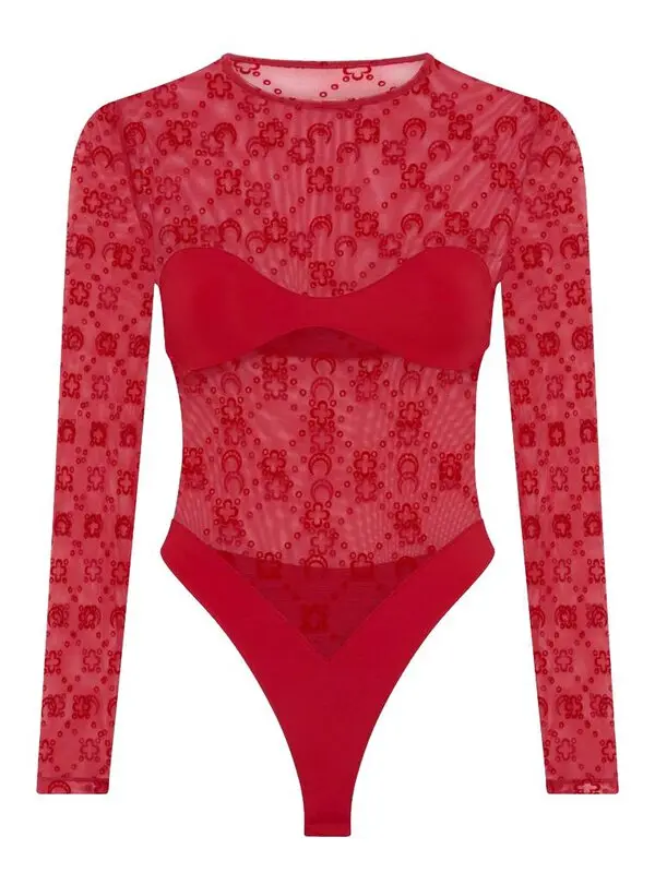 MARINE SERRE Moonogram Mesh Flocked Long Sleeve Bodysuit - Red