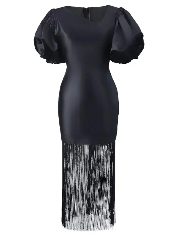 SPRING STITCHES Anita Duchess Satin Fringe Dress - Black