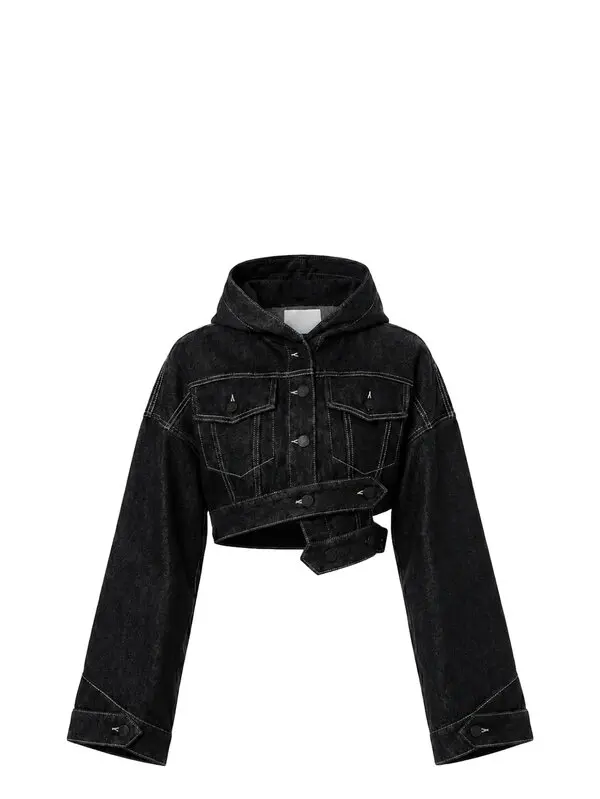 GAO REPUBLIC Cropped Denim Hoodie Jacket With Cut-out Detailing - Black