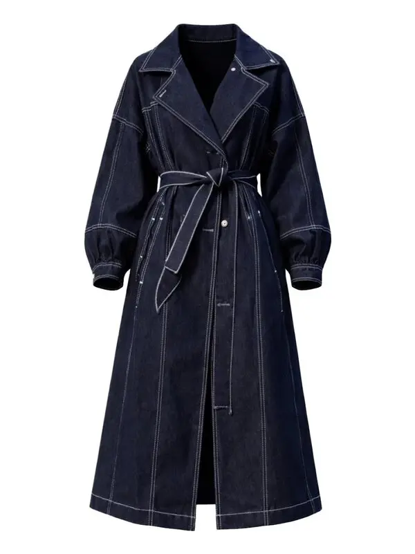 UP-FUSE Indigo Denim Coat With Belted Waist - Blue