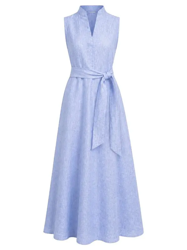 MARIELĒ Fabi Linen Maxi Dress With Mandarin Collar And Mother-of-pearl Buttons - Blue