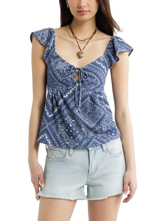 Bp. Flutter Sleeve Top - Blue Ivory Bandana