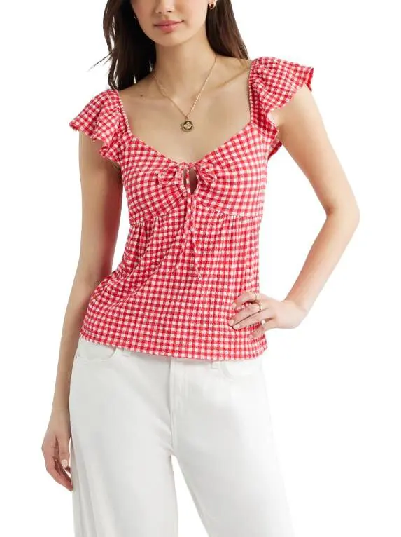 Bp. Flutter Sleeve Top - Red- White Robin Gingham