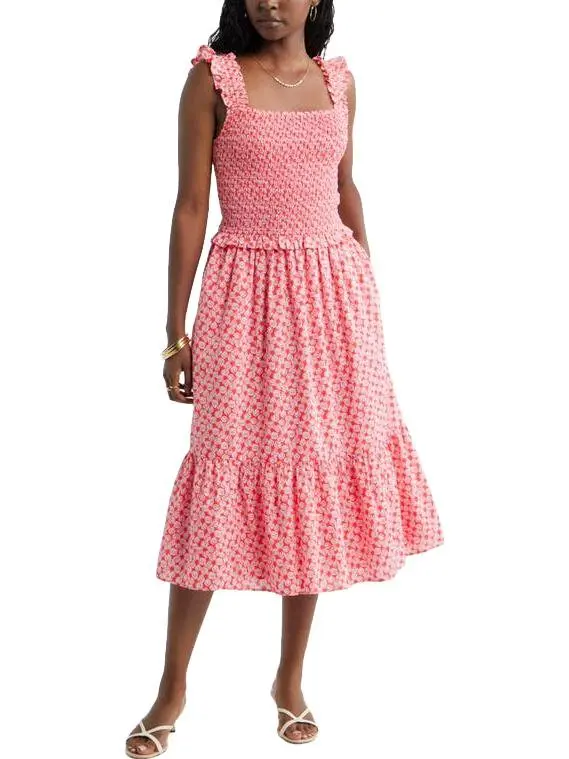 Caslon Smocked Tiered Sundress - Red Geranium- White Sea Geo
