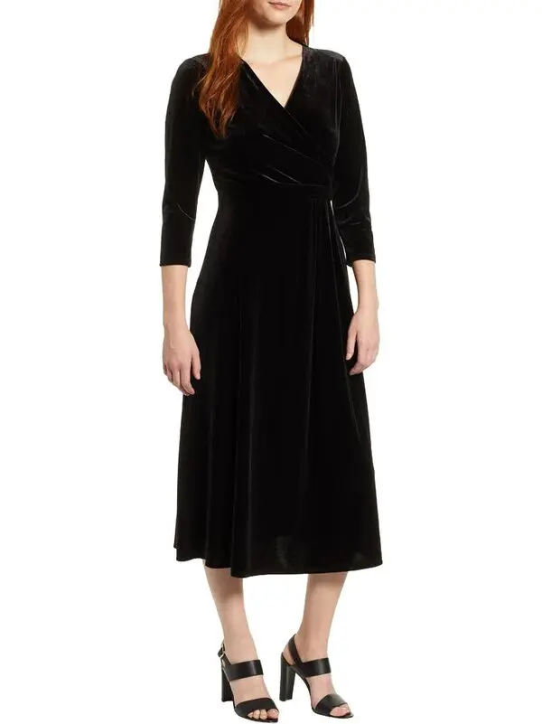 Chaus Velvet Wrap Style Dress - Rich Black
