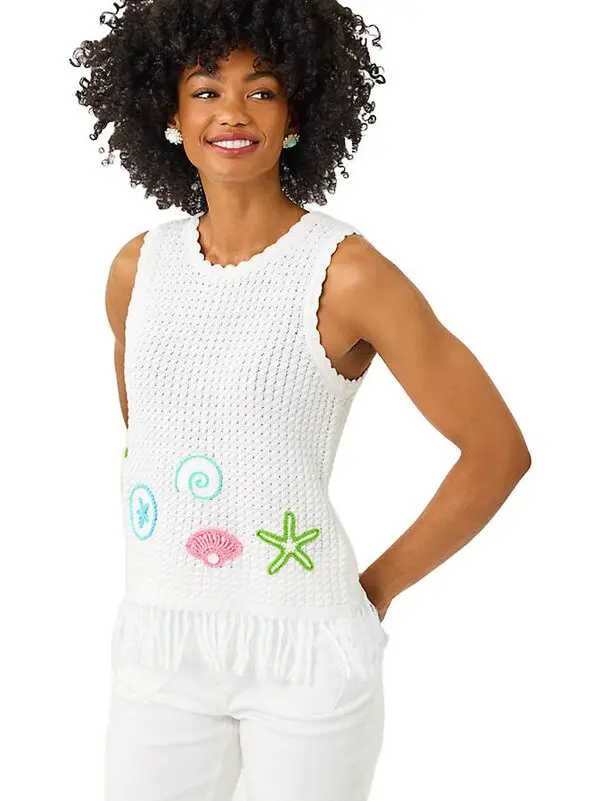 Lilly Pulitzer® Roe Crochet Sweater Shell Tank With Novelty Motifs And Tassel Trim - Resort White Starfish Embroidery