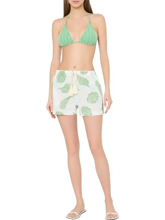 MILLY Corried Embroidered Tie Waist Shorts - White/green