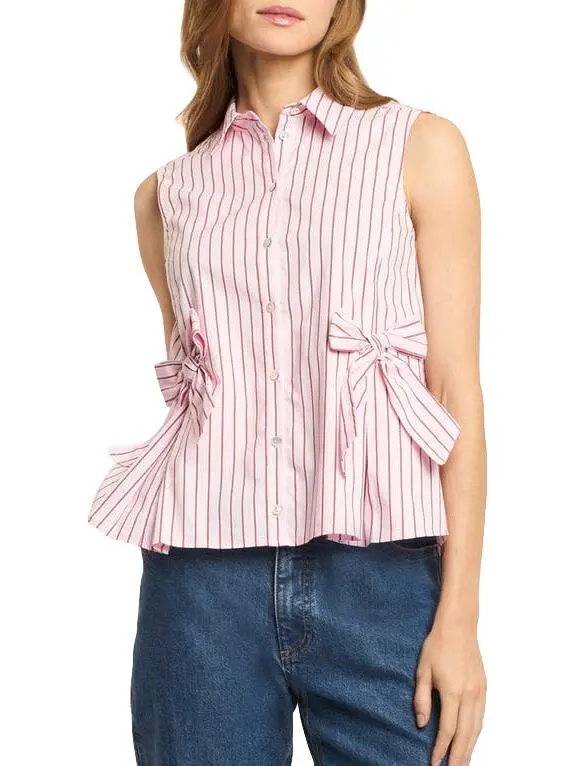 Cinq À Sept Jillian Striped Peplum Top With Bow Embellishments - Cotton Candy/crimson Plum