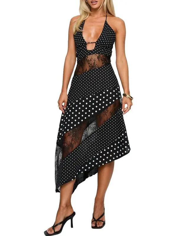 Princess Polly Down With Love Asymmetric Sleeveless Midi Dress - Black/white Polka