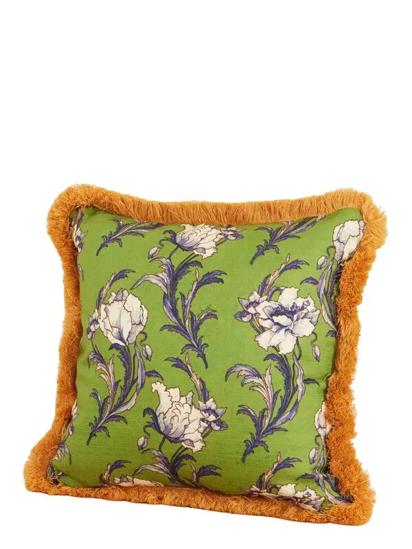 La DoubleJ Floral Print Fringed Cushion - Green
