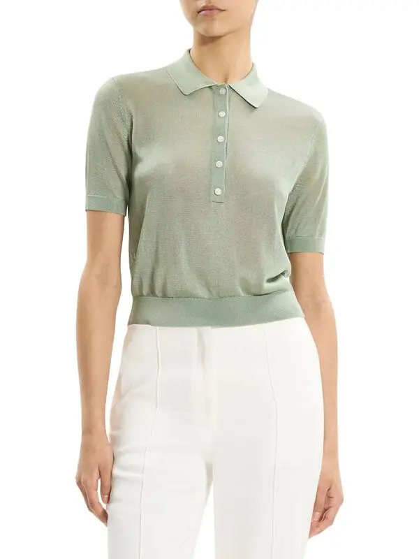 Theory Lustrous Knit Cropped Polo Top - Delicate Green - 2qr