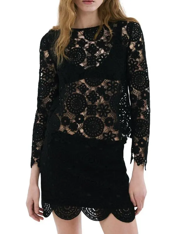 Mango Openwork Floral Lace Sweater With Scalloped Trim - Black