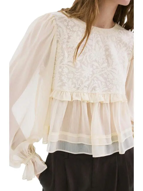 Mango Lace Contrast Ruffle Top - Yellow