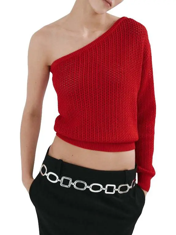 Mango One-shoulder Open Stitch Sweater - Red