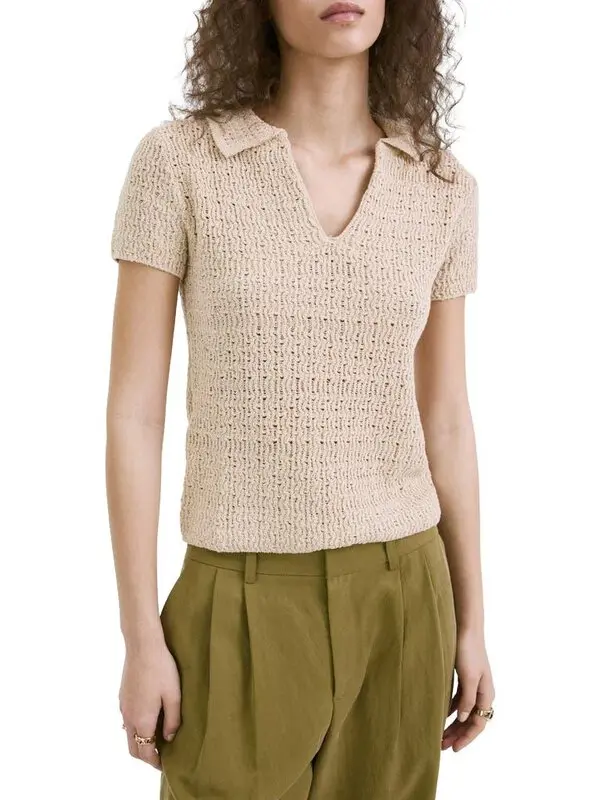 Mango Open Stitch Cotton Blend Polo Sweater - Sand