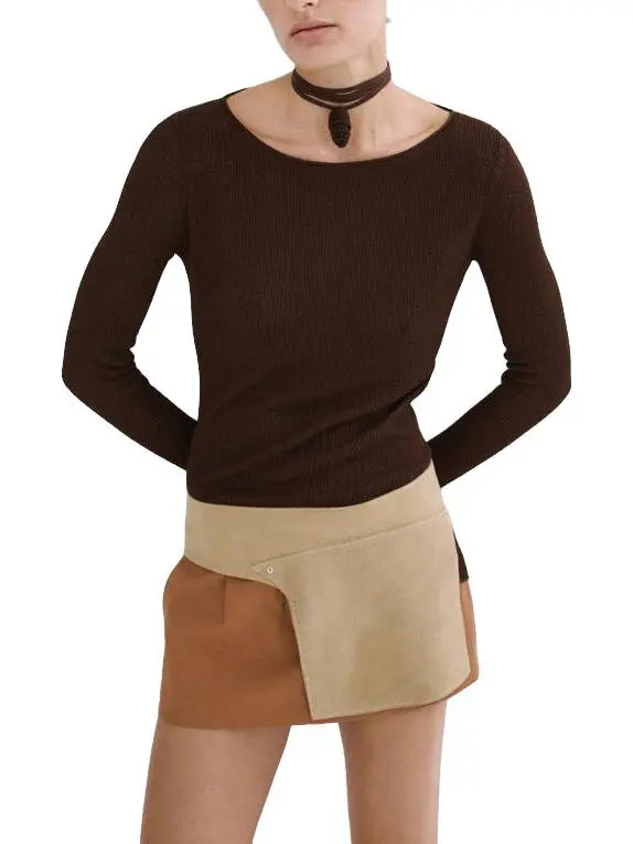 Mango Asymmetrical Ribbed Sweater With Rolled Details - Chocolate