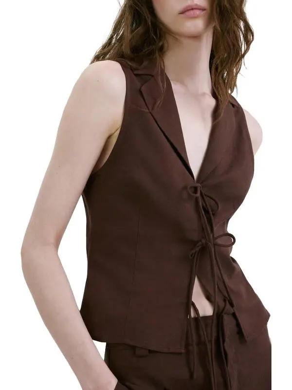 Mango Tie Front Vest With Notched Lapel - Chocolate