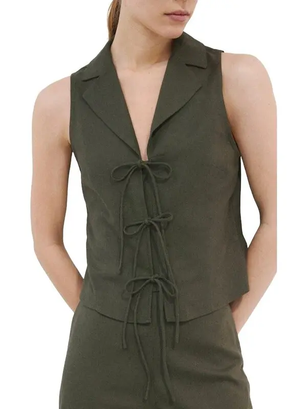 Mango Tie Front Vest With Notched Lapel - Khaki Green