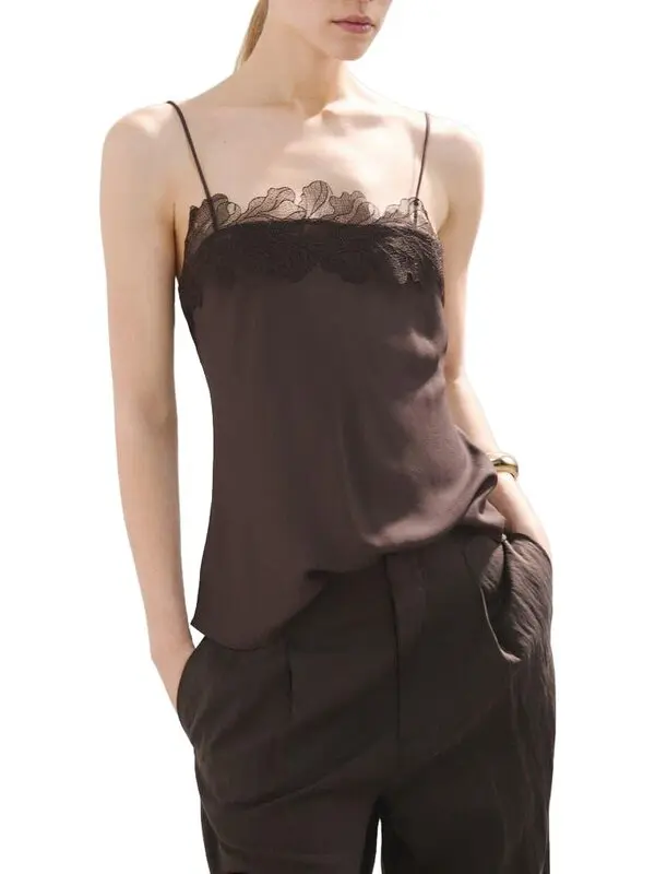 Mango Lace Trim Satin Camisole - Chocolate