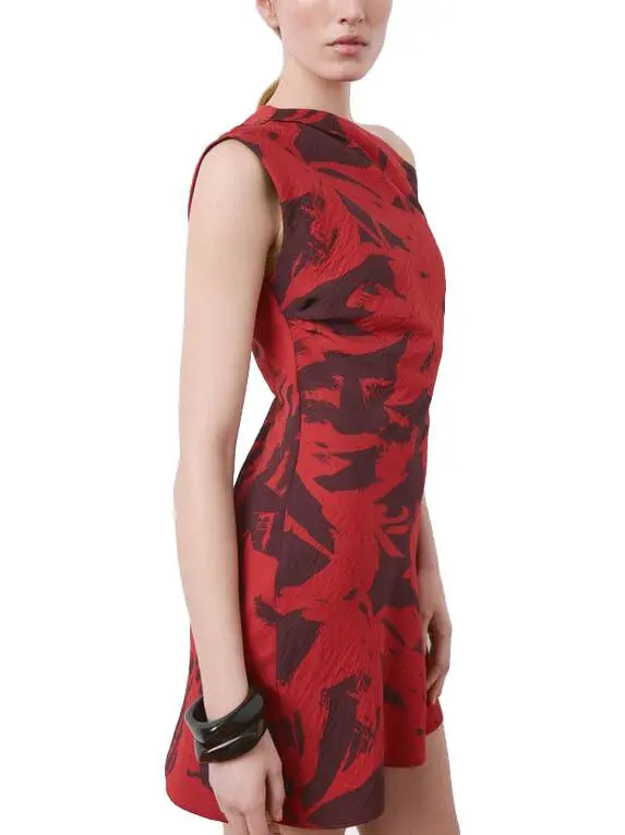 Mango Textured One-shoulder Abstract Print Mini Dress - Red