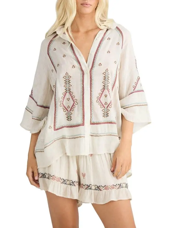 TALISMAN THE LABEL Embroidered Linen Blend Shirt - Light Natural